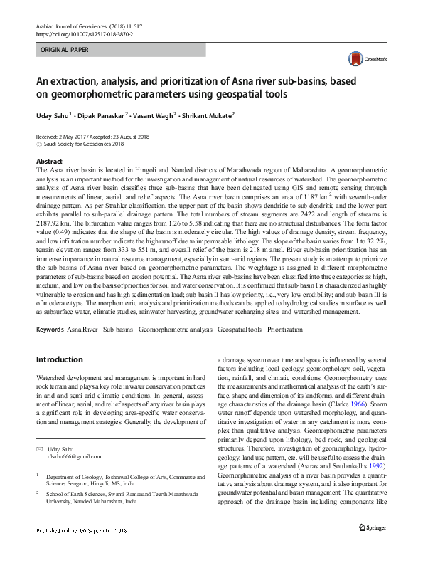 Pdf An Extraction Analysis And Prioritization Of Asna River Sub