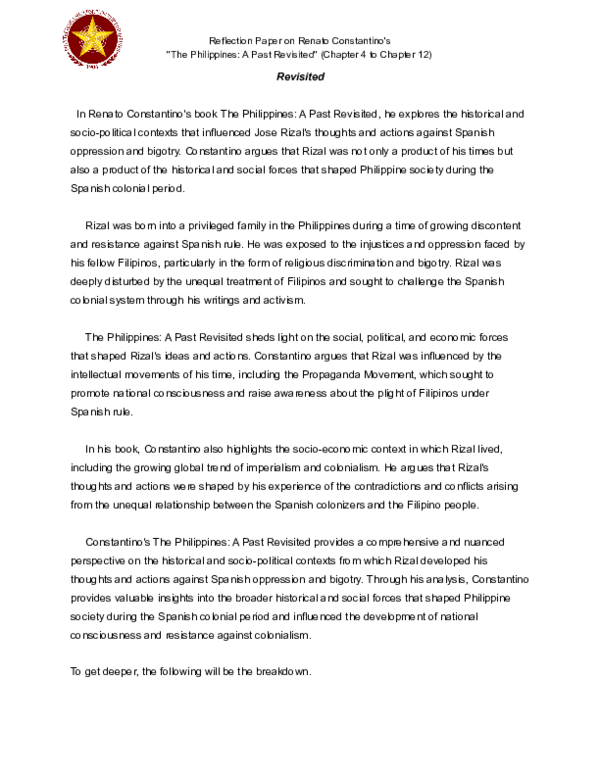 (PDF) Reflection Paper on Renato Constantino's "The Philippines: A Past ...