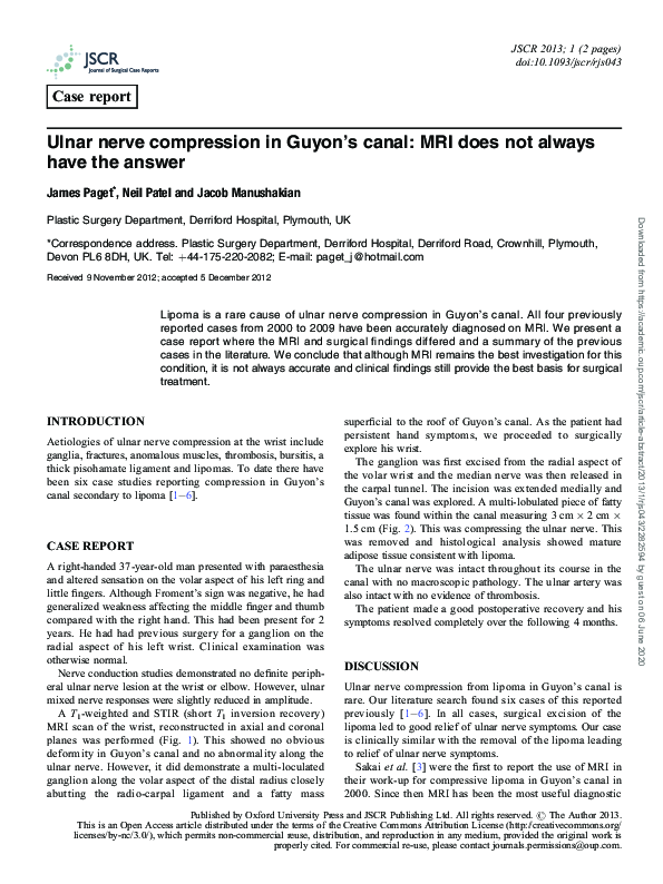 (PDF) Ulnar nerve compression in Guyon's canal: MRI does not always ...