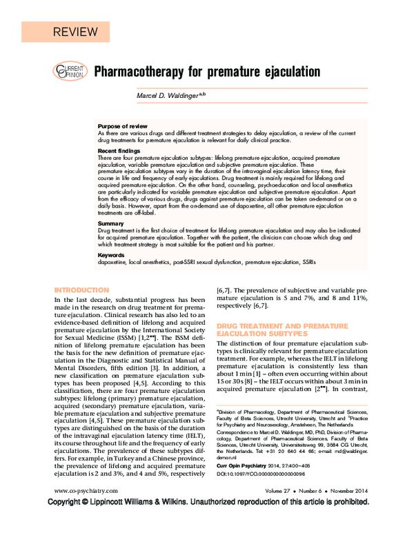 (PDF) Pharmacotherapy for Premature Ejaculation