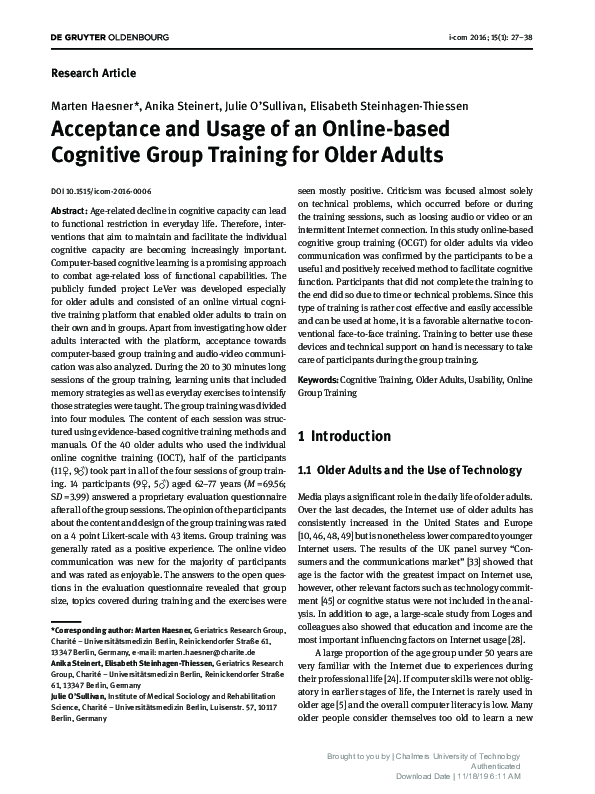 (PDF) Acceptance and Usage of an Online-based Cognitive Group Training for Older Adults