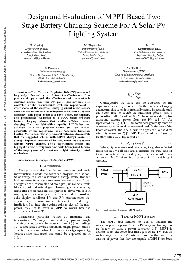 Pdf Design And Evaluation Of Mppt Based Two Stage Battery Charging Scheme For A Solar Pv