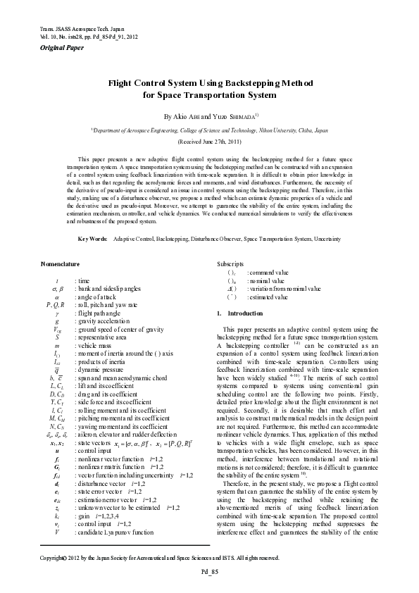 (PDF) Flight Control System Using Backstepping Method for Space Transportation System