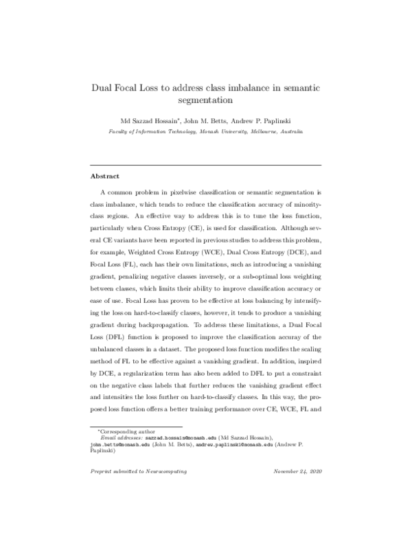 (PDF) Dual Focal Loss to address class imbalance in semantic segmentation