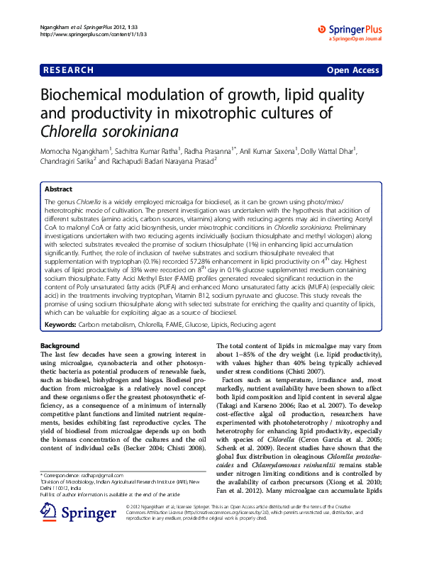 (PDF) Biochemical modulation of growth, lipid quality and productivity in mixotrophic cultures ...