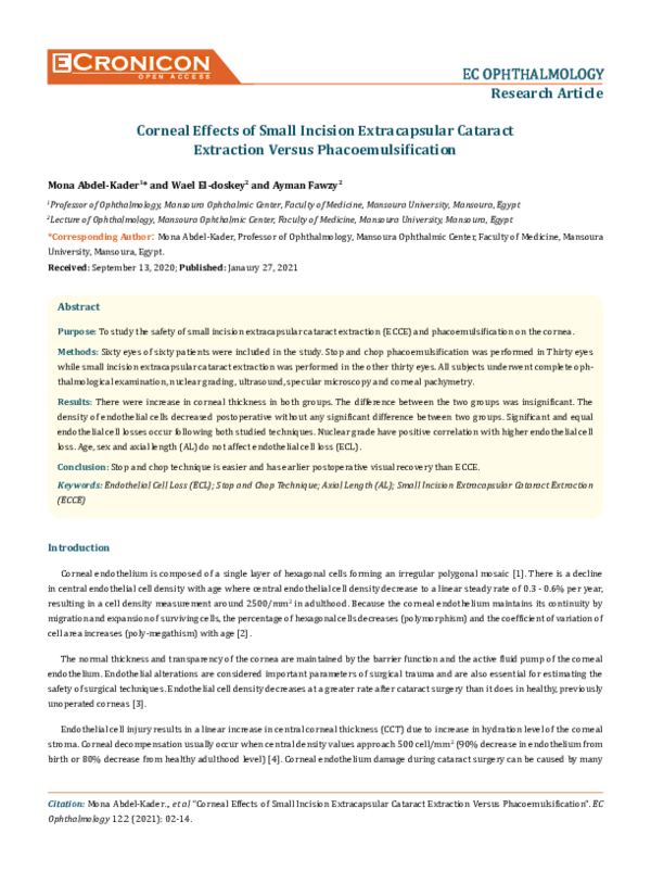 (PDF) Corneal Effects of Small Incision Extracapsular Cataract ...