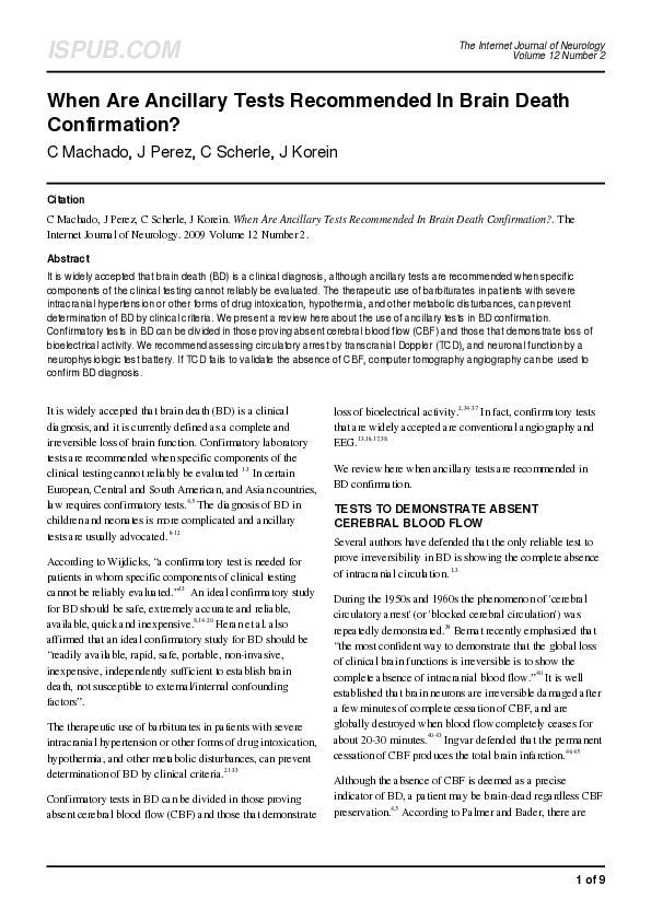 (PDF) When Are Ancillary Tests Recommended In Brain Death Confirmation?
