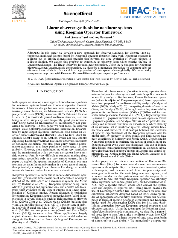 (PDF) Linear observer synthesis for nonlinear systems using Koopman ...
