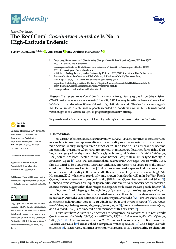 (PDF) The Reef Coral Coscinaraea marshae Is Not a High-Latitude Endemic