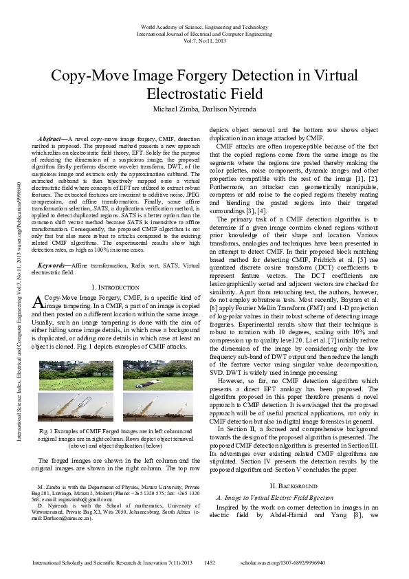 (PDF) Copy-Move Image Forgery Detection In Virtual Electrostatic Field