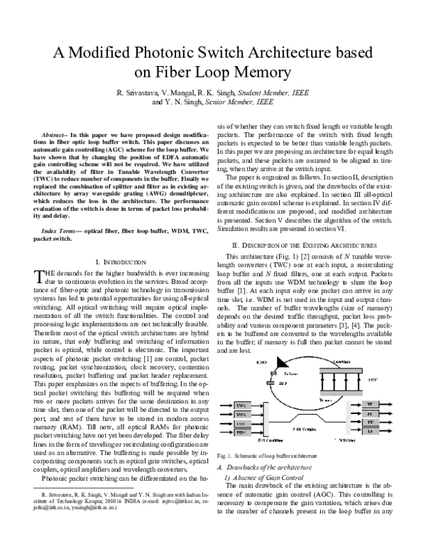 (PDF) A Modified Photonic Switch Architecture based on Fiber Loop Memory