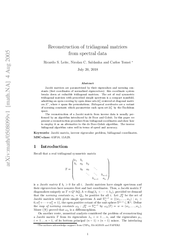 (PDF) Recall that a real tridiagonal symmetric matrix | Carlos Tomei - Academia.edu