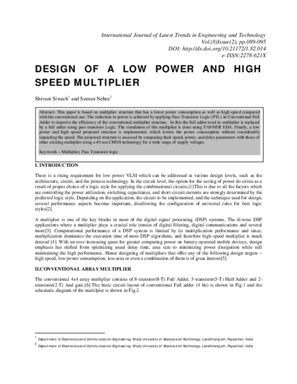 (PDF) Design of Low Power and High Speed Multiplier