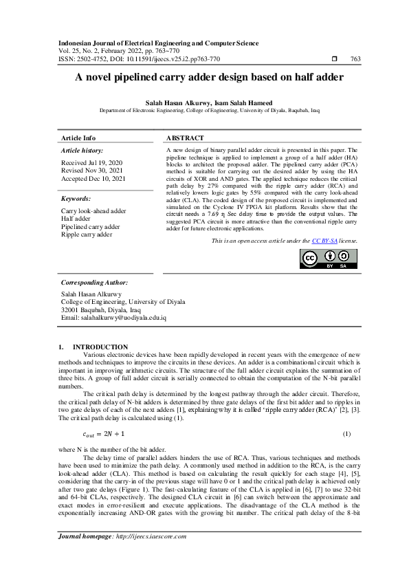 Pdf A Novel Pipelined Carry Adder Design Based On Half Adder 6847