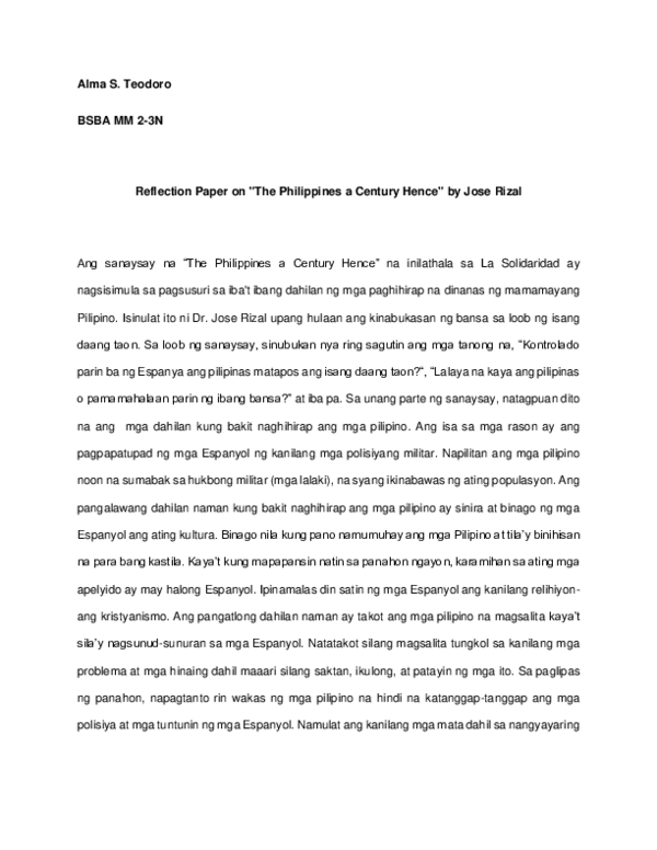 (PDF) Reflection Paper on "The Philippines a Century Hence" by Jose Rizal