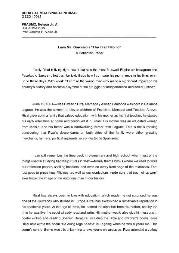 (PDF) Reflection Paper on "The First Filipino" by Leon Ma. Guerrero