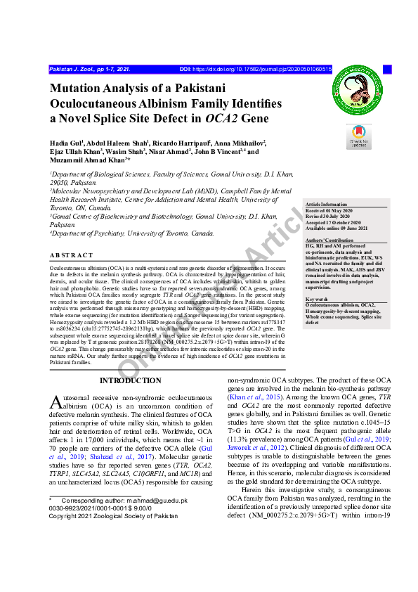 (PDF) Mutation Analysis of a Pakistani Oculocutaneous Albinism Family ...