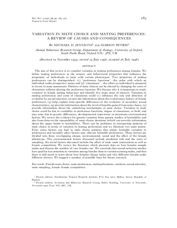 Pdf Variation In Mate Choice And Mating Preferences A Review Of