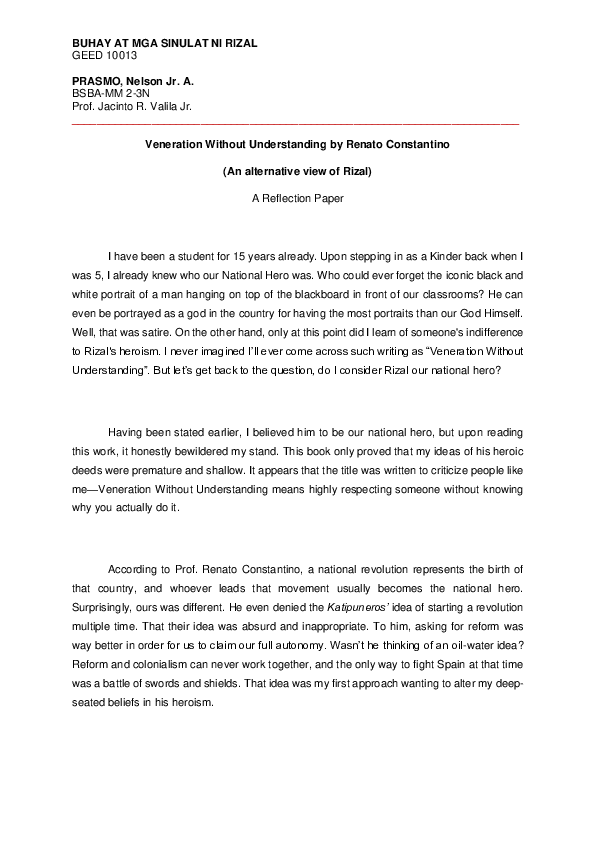 (PDF) Reflection Paper on "Veneration Without Understanding" by Renato ...