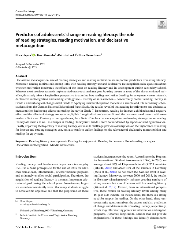 (PDF) Predictors of adolescents’ change in reading literacy: the role of reading strategies ...