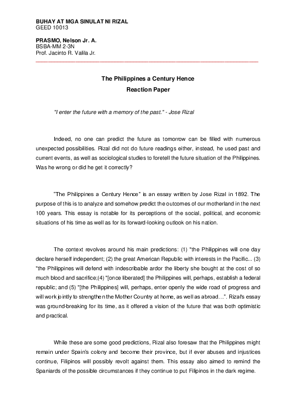 (PDF) Reflection Paper on "The Philippines a Century Hence" by Jose Rizal