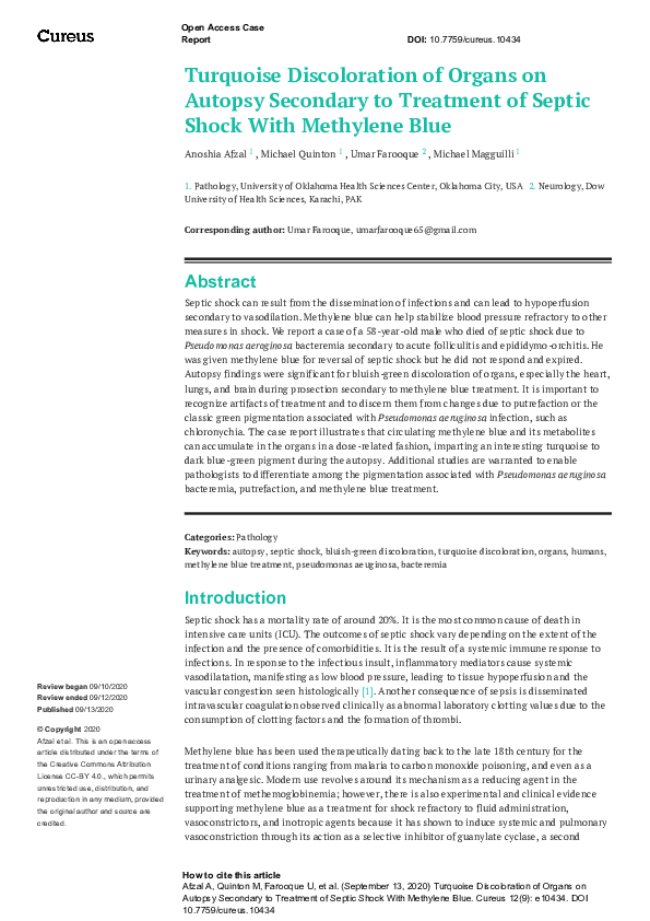 (PDF) Turquoise Discoloration of Organs on Autopsy Secondary to ...