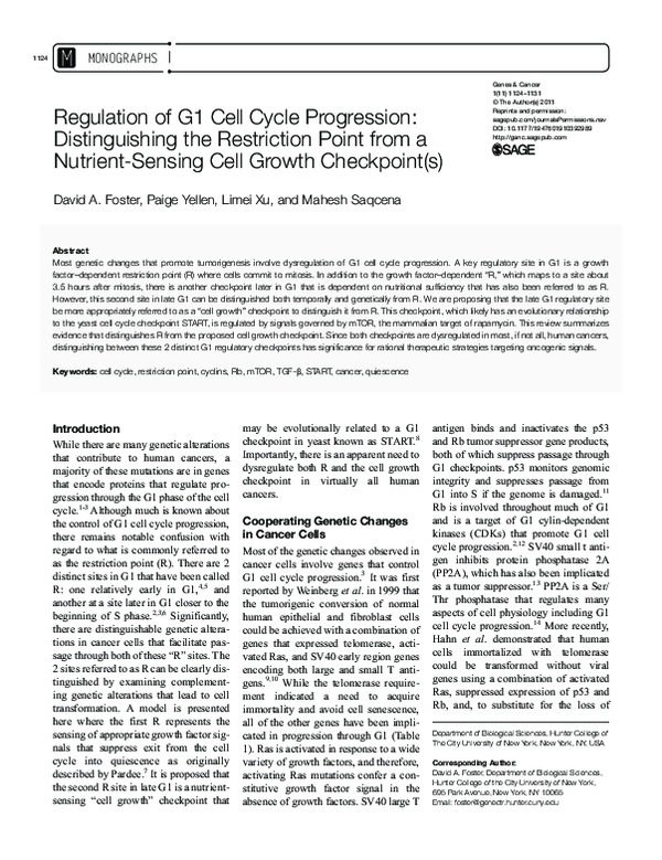 (PDF) Regulation of G1 Cell Cycle Progression: Distinguishing the ...