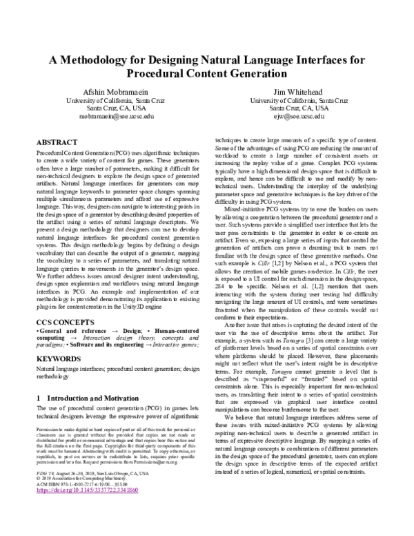 (PDF) A methodology for designing natural language interfaces for procedural content generation