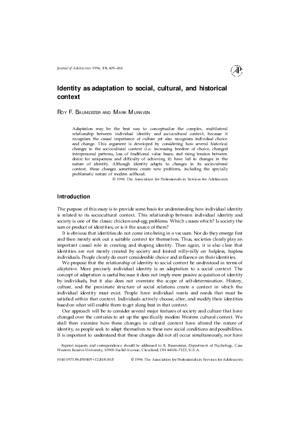 (PDF) Identity as adaptation to social, cultural, and historical context