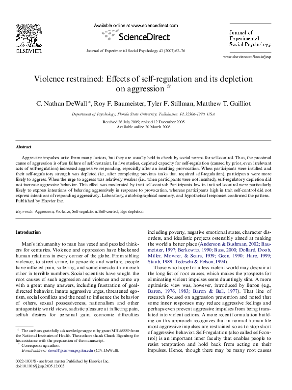 (PDF) Violence restrained: Effects of self-regulation and its depletion on aggression