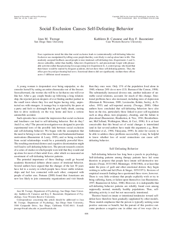 (PDF) Social exclusion causes self-defeating behavior