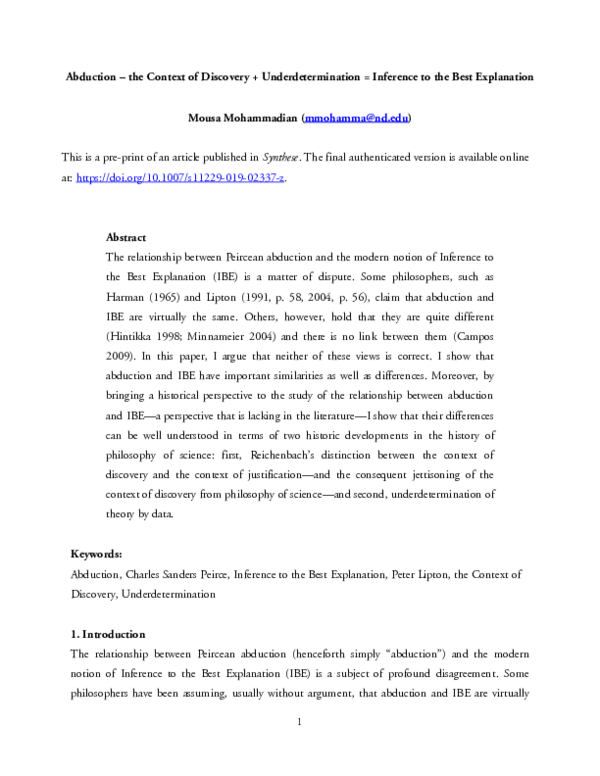 (PDF) Abduction and Inference to the Best Explanation