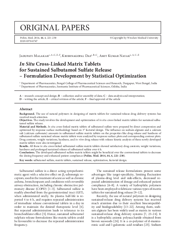 Pdf In Situ Cross Linked Matrix Tablets For Sustained Salbutamol Sulfate Release Formulation