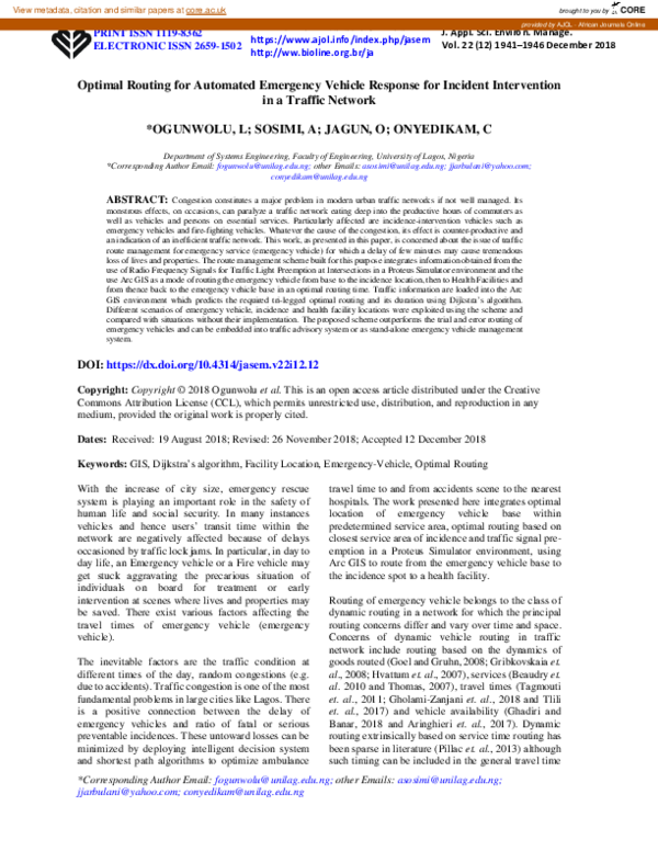 (PDF) Optimal routing for automated emergency vehicle response for incident intervention in a ...