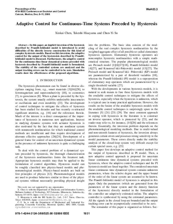 (PDF) Adaptive control for continuous-time systems preceded by hysteresis
