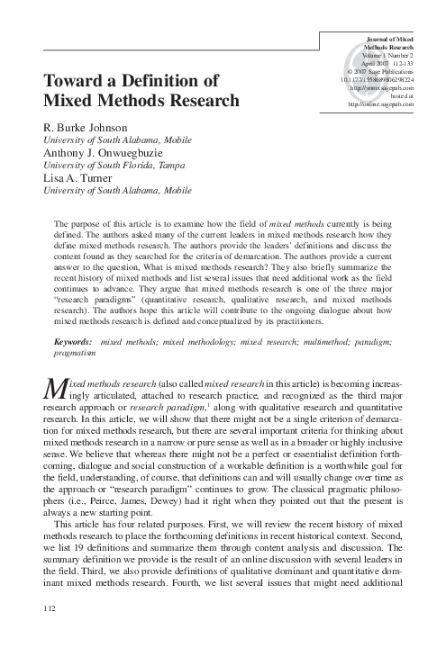 (PDF) Toward a Definition of Mixed Methods Research | Burke Johnson ...