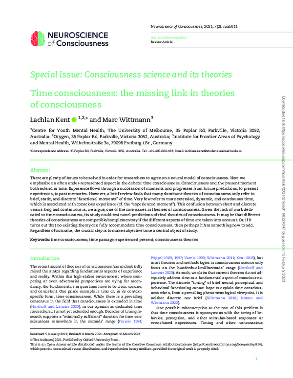 (PDF) Time Consciousness: The Missing Link in Theories of Consciousness