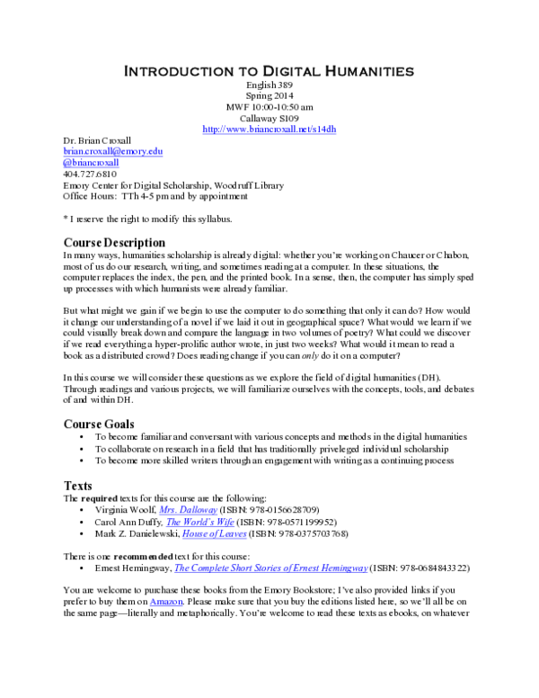 (PDF) Introduction to Digital Humanities, Spring 2014 syllabus