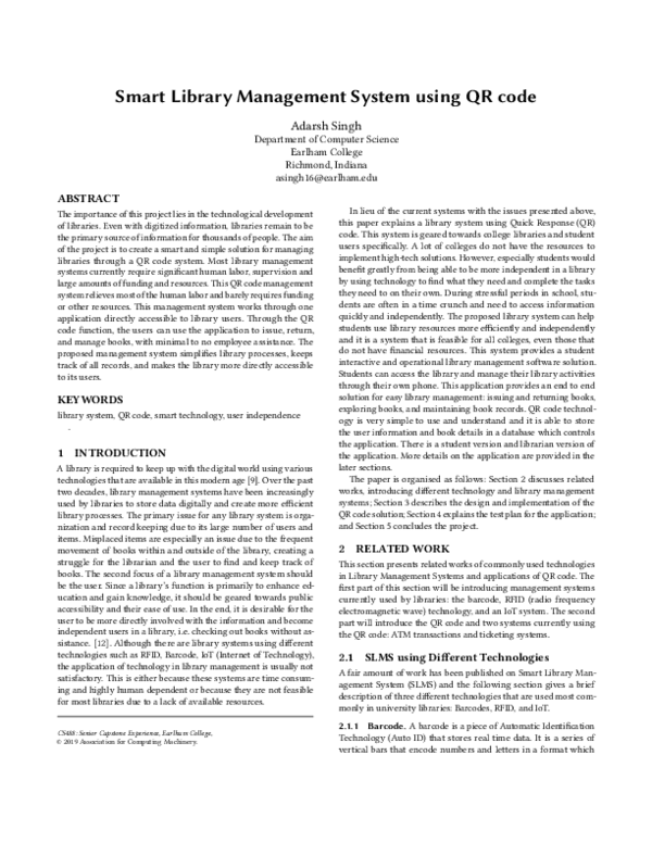 (PDF) Smart Library Management System using QR code | adarsh singh ...
