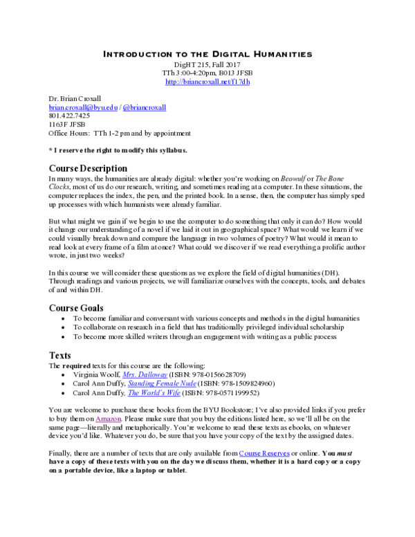 (PDF) Introduction to Digital Humanities, Fall 2017 syllabus