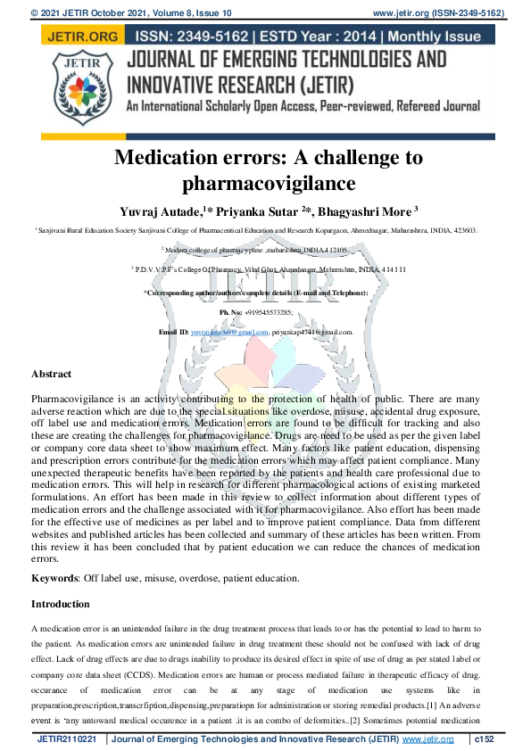 (PDF) Medication errors: A challenge to pharmacovigilance