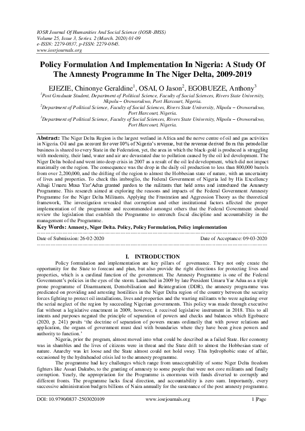 (PDF) Policy Formulation And Implementation In Nigeria : A Study Of The Amnesty Programme In The ...