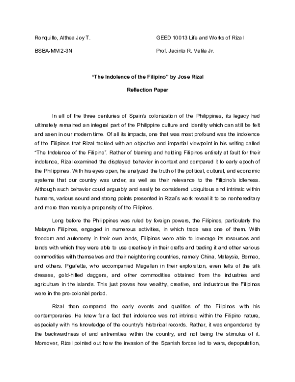 (DOC) Reflection Paper on Jose Rizal's "The Indolence of the Filipino"