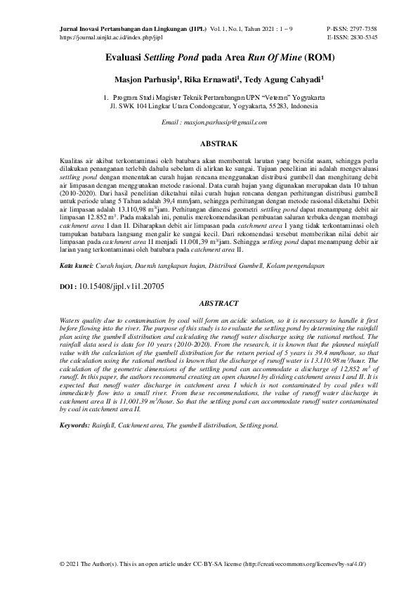 (PDF) Evaluasi Settling Pond pada Area Run of Mine (ROM)