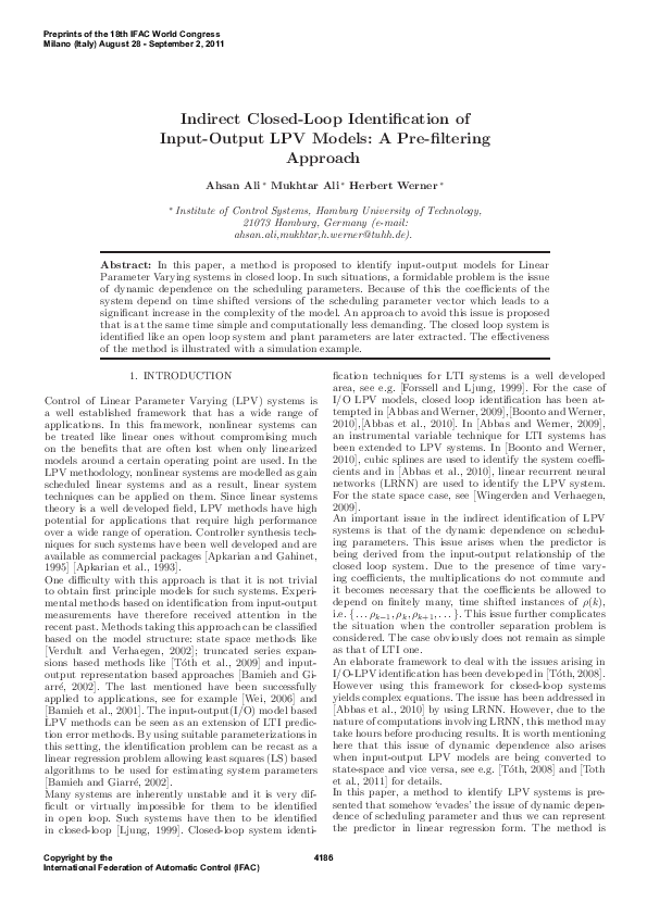 Pdf Indirect Closed Loop Identification Of Input Output Lpv Models A Pre Filtering Approach