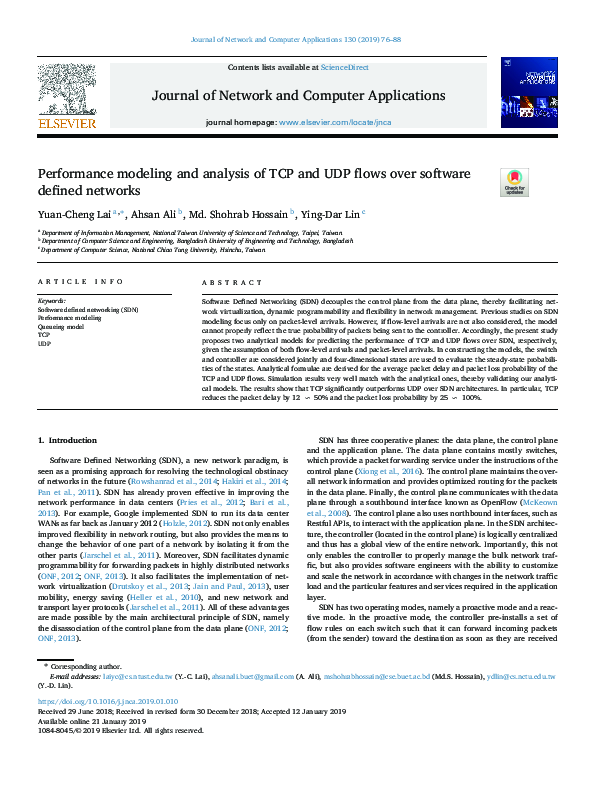 Pdf Performance Modeling And Analysis Of Tcp And Udp Flows Over Software Defined Networks
