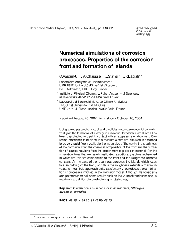 (PDF) Numerical simulations of corrosion processes. Properties of the corrosion front and ...