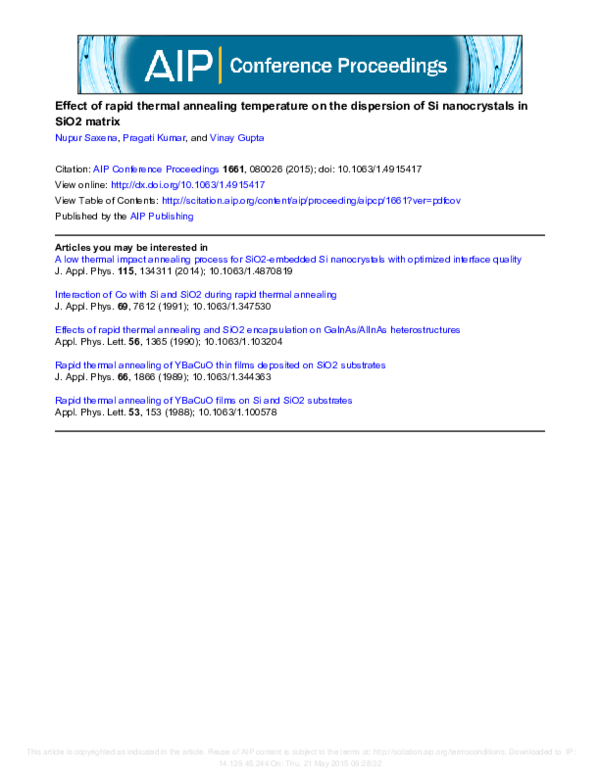 (PDF) Effect of rapid thermal annealing temperature on the dispersion of Si nanocrystals in SiO2 ...