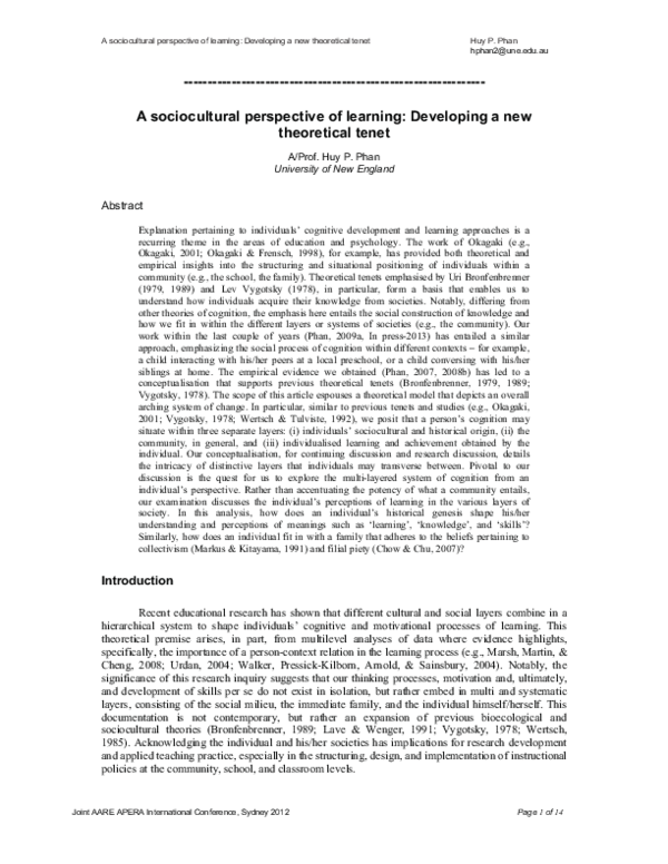 (PDF) A Sociocultural Perspective of Learning: Developing a New ...