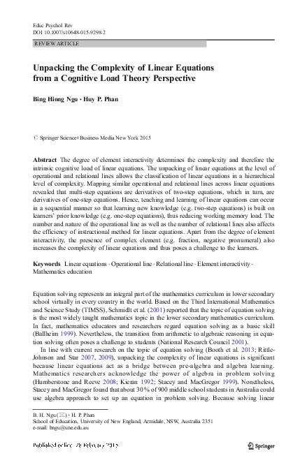(PDF) Unpacking the Complexity of Linear Equations from a Cognitive ...